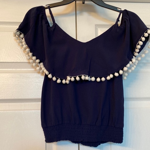 Papaya | Tops | Navy Blue Crop Top With White Pompoms | Poshmark